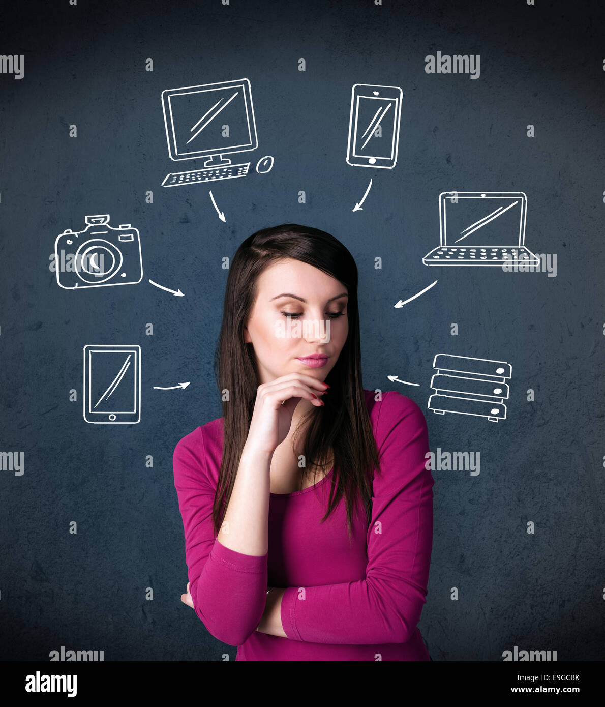 Young woman thinking with drawn gadgets around her head Stock Photo - Alamy
