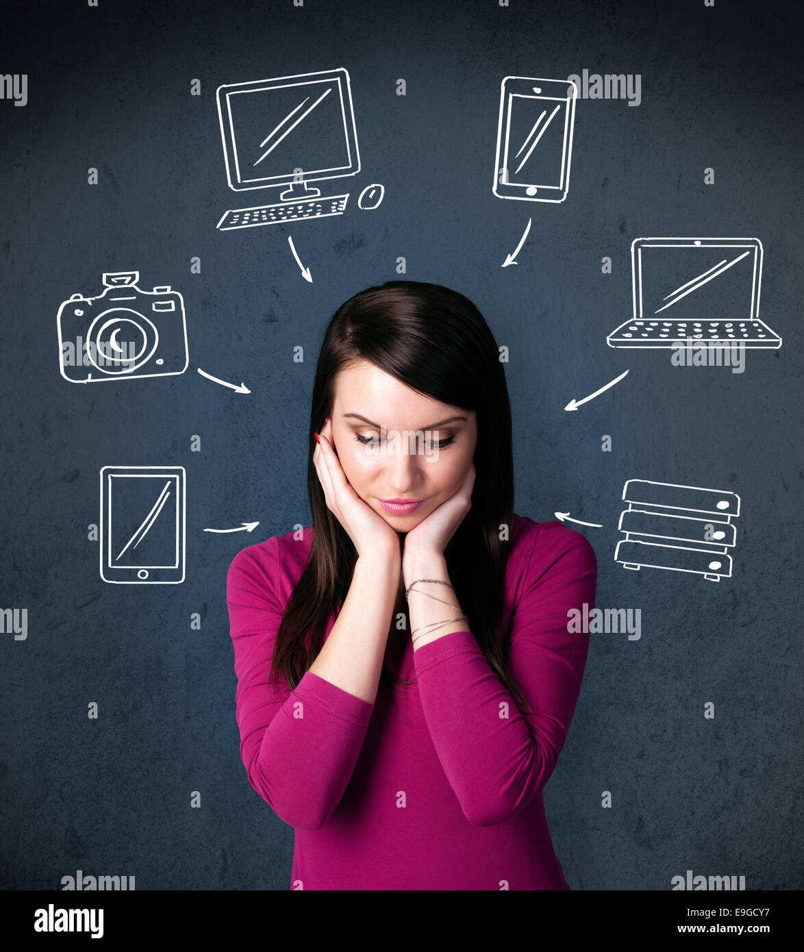 Young woman thinking with drawn gadgets around her head Stock Photo - Alamy