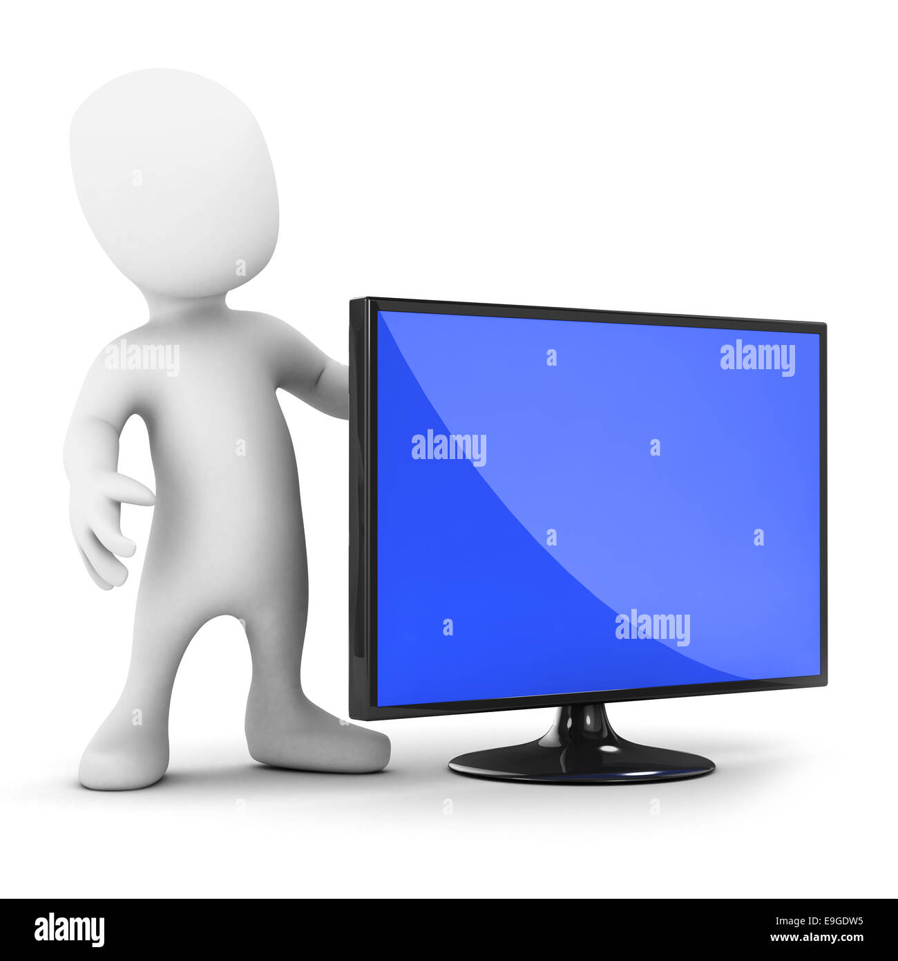 3d render of a little man next to a widescreen television monitor Stock ...