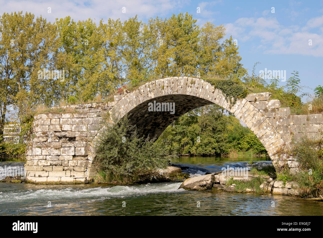 Remains of old Pont Roman bridge arch in Le Doubs river, Dole, Jura ...