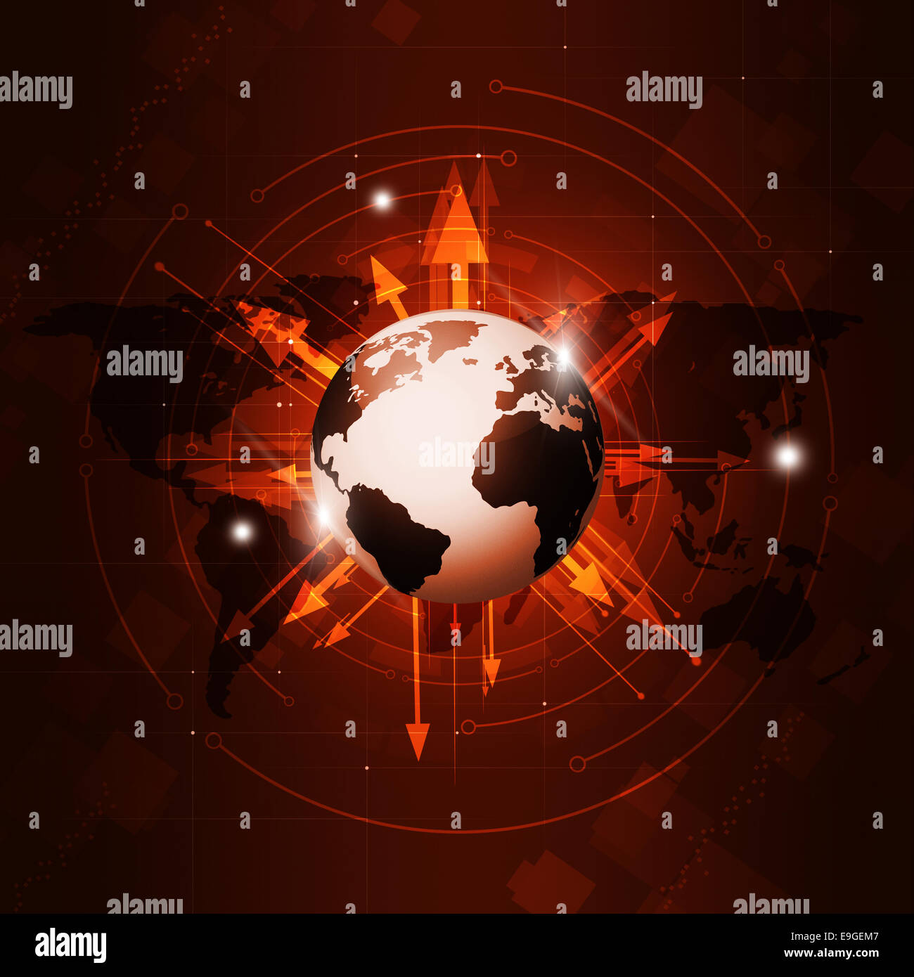 arrows around earth technology concept business red background Stock ...