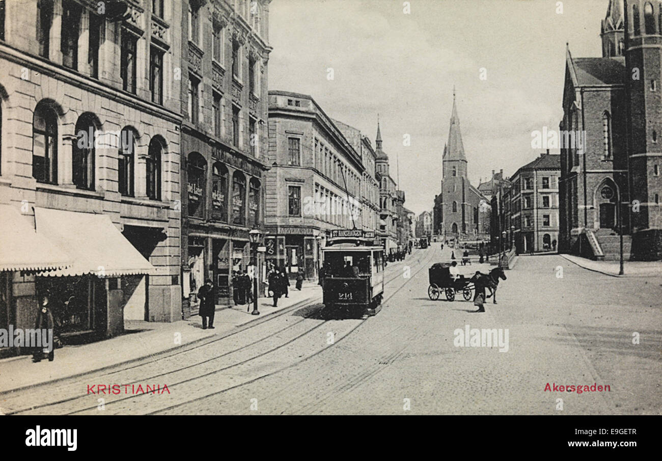 A postcard from Oslo (formerly Kristiania), depicting Akersgata, with ...