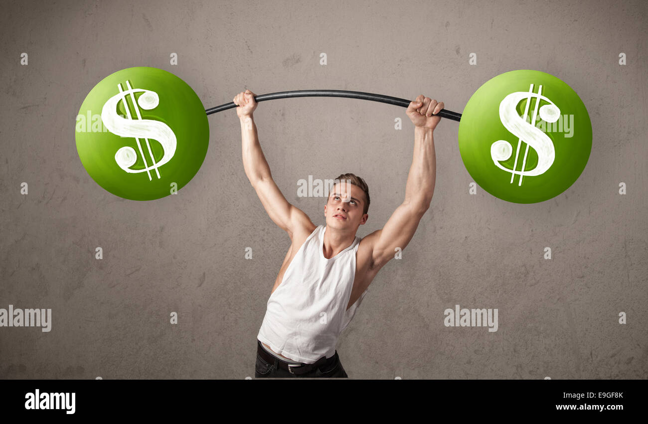 muscular man lifting green dollar sign weights Stock Photo - Alamy