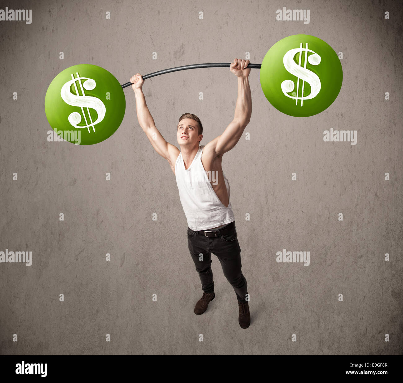 muscular man lifting green dollar sign weights Stock Photo - Alamy