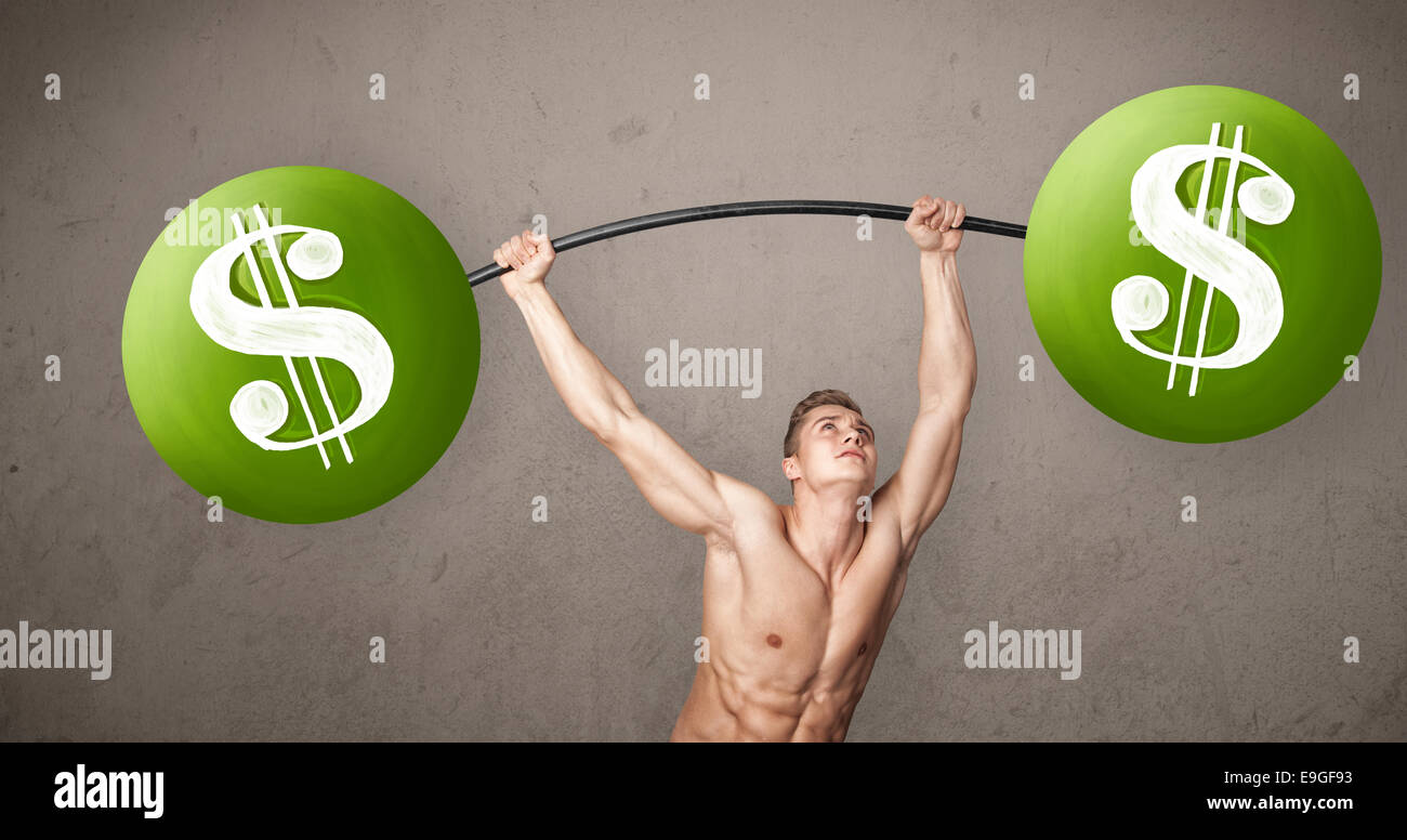 muscular man lifting green dollar sign weights Stock Photo - Alamy