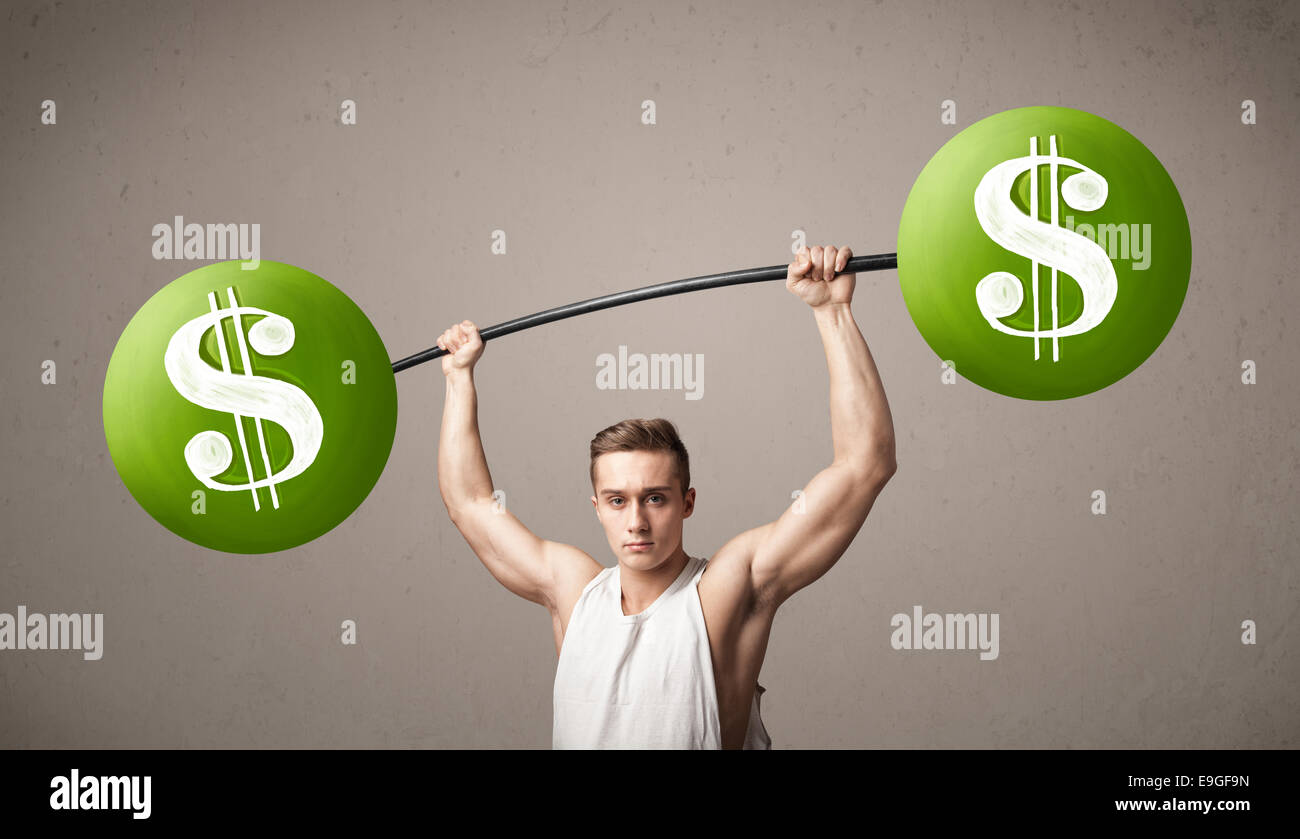 muscular man lifting green dollar sign weights Stock Photo - Alamy