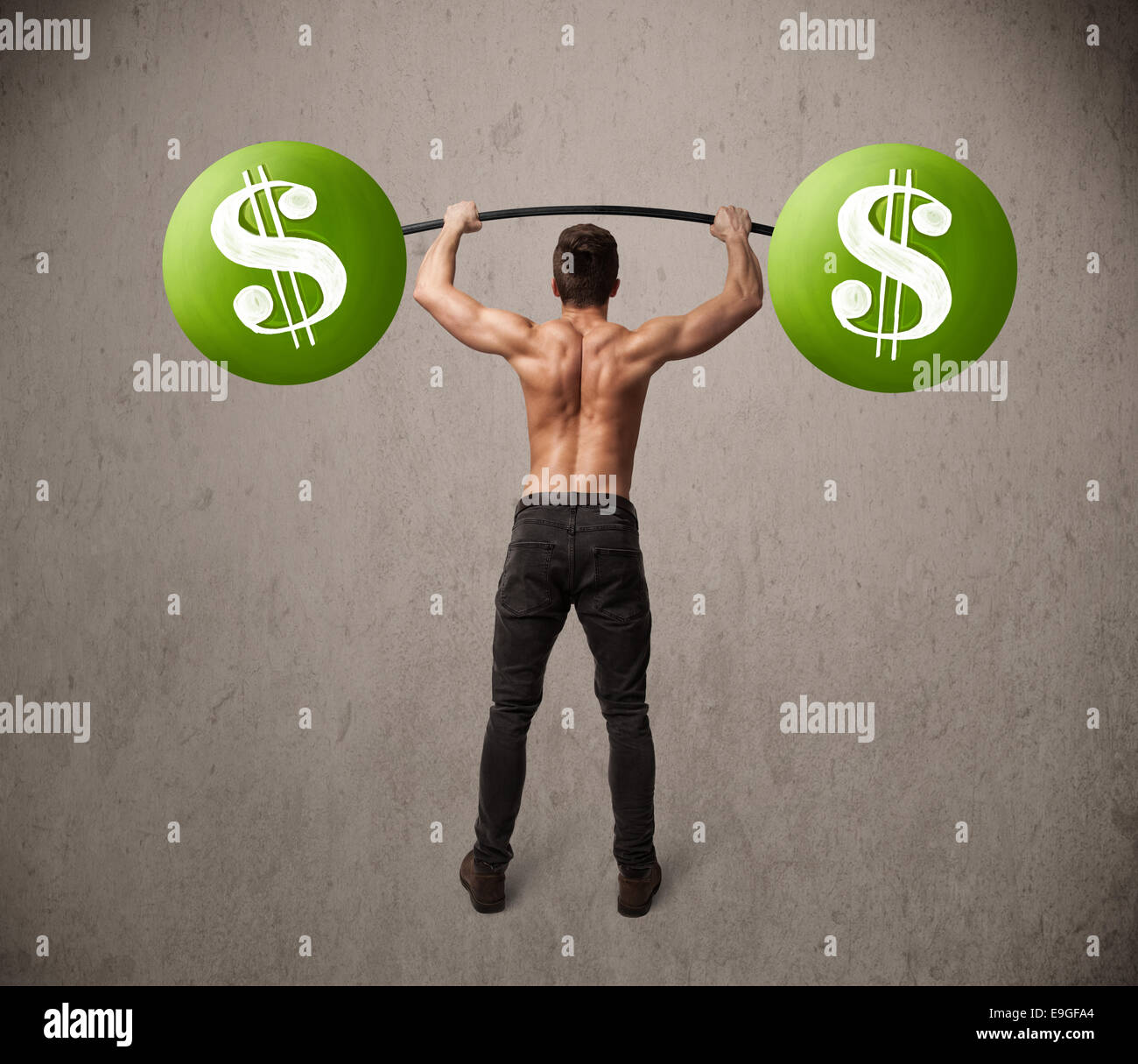 muscular man lifting green dollar sign weights Stock Photo - Alamy