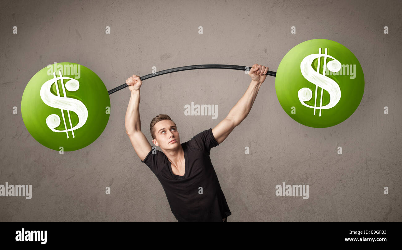 muscular man lifting green dollar sign weights Stock Photo - Alamy