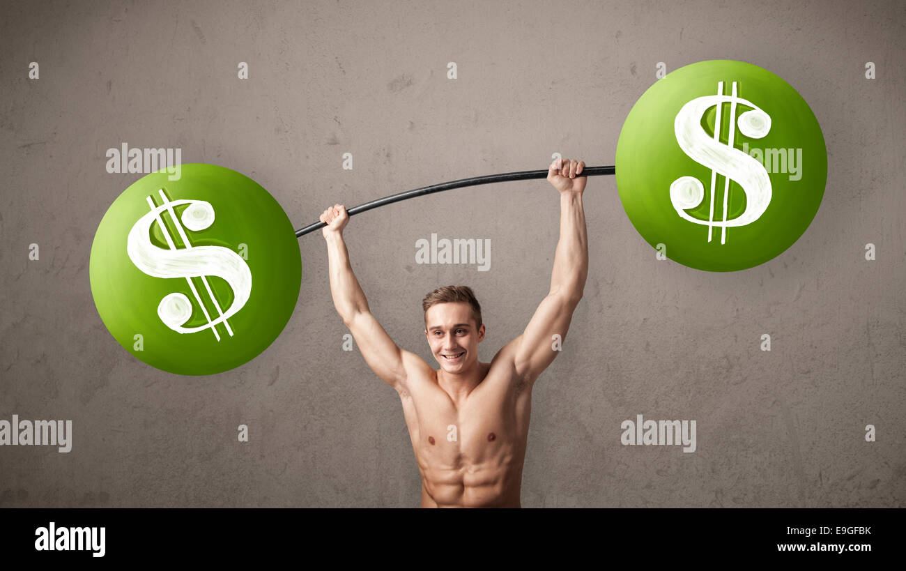 muscular man lifting green dollar sign weights Stock Photo - Alamy