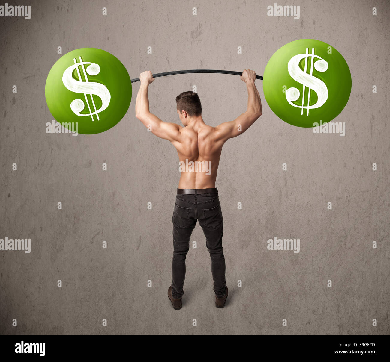 muscular man lifting green dollar sign weights Stock Photo - Alamy