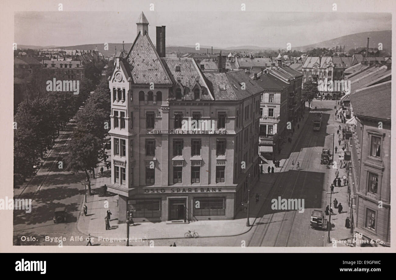 A vintage postcard of Oslo, showing Bygdøy Allé and Frognerveien, two ...