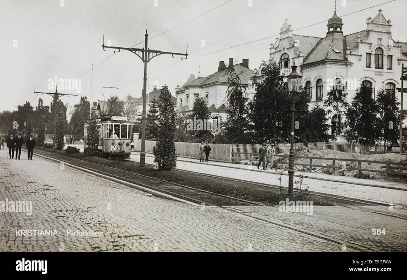 This historical postcard features Kirkeveien in Kristiania (now Oslo ...