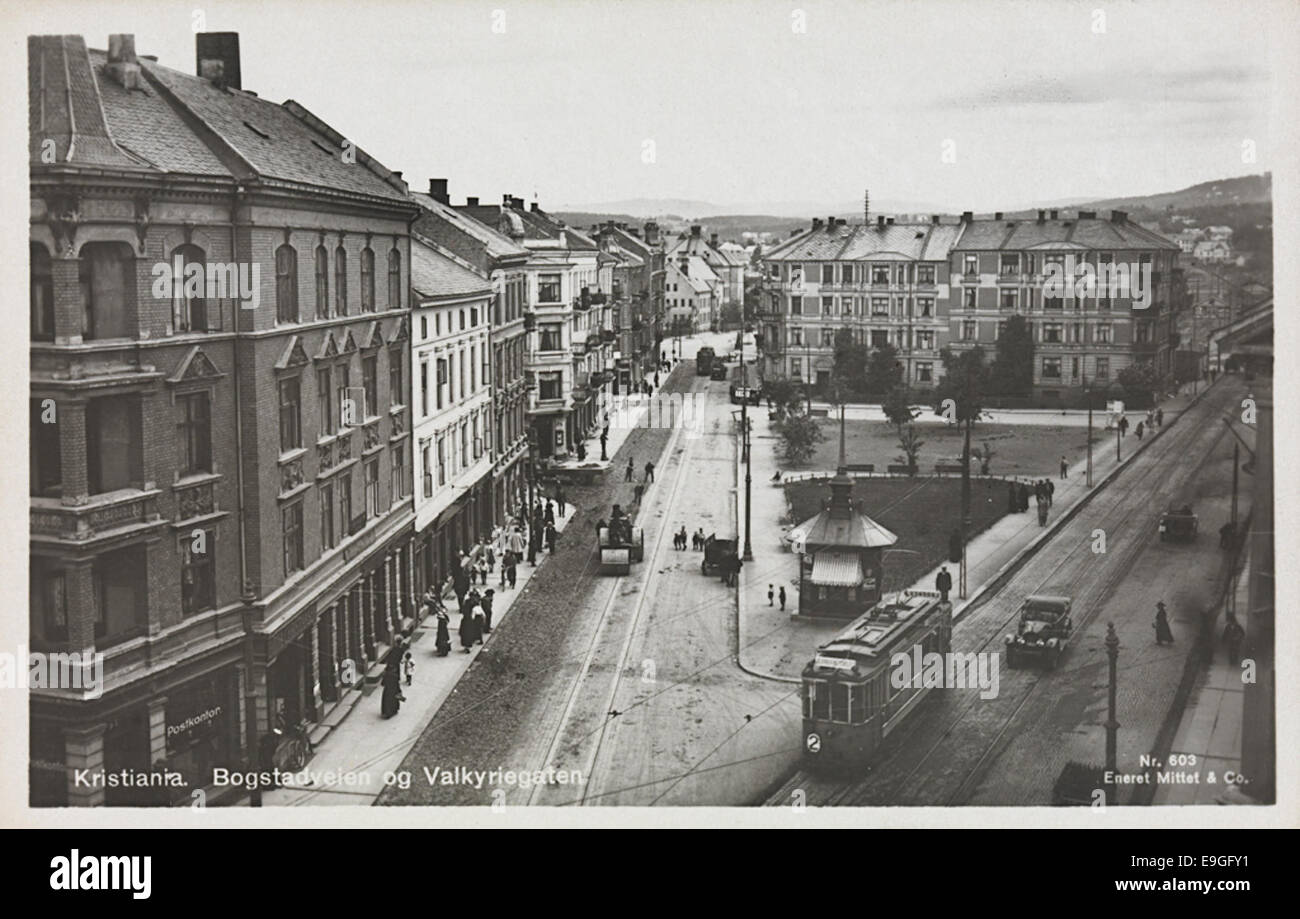 A historical postcard from Oslo showing the bustling streets of ...