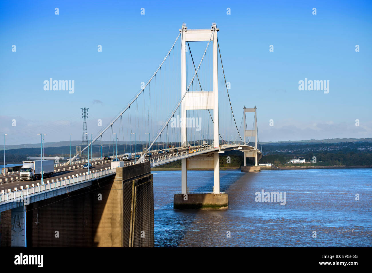 The first Severn Bridge (opened in 1966) viewed from the northern side ...