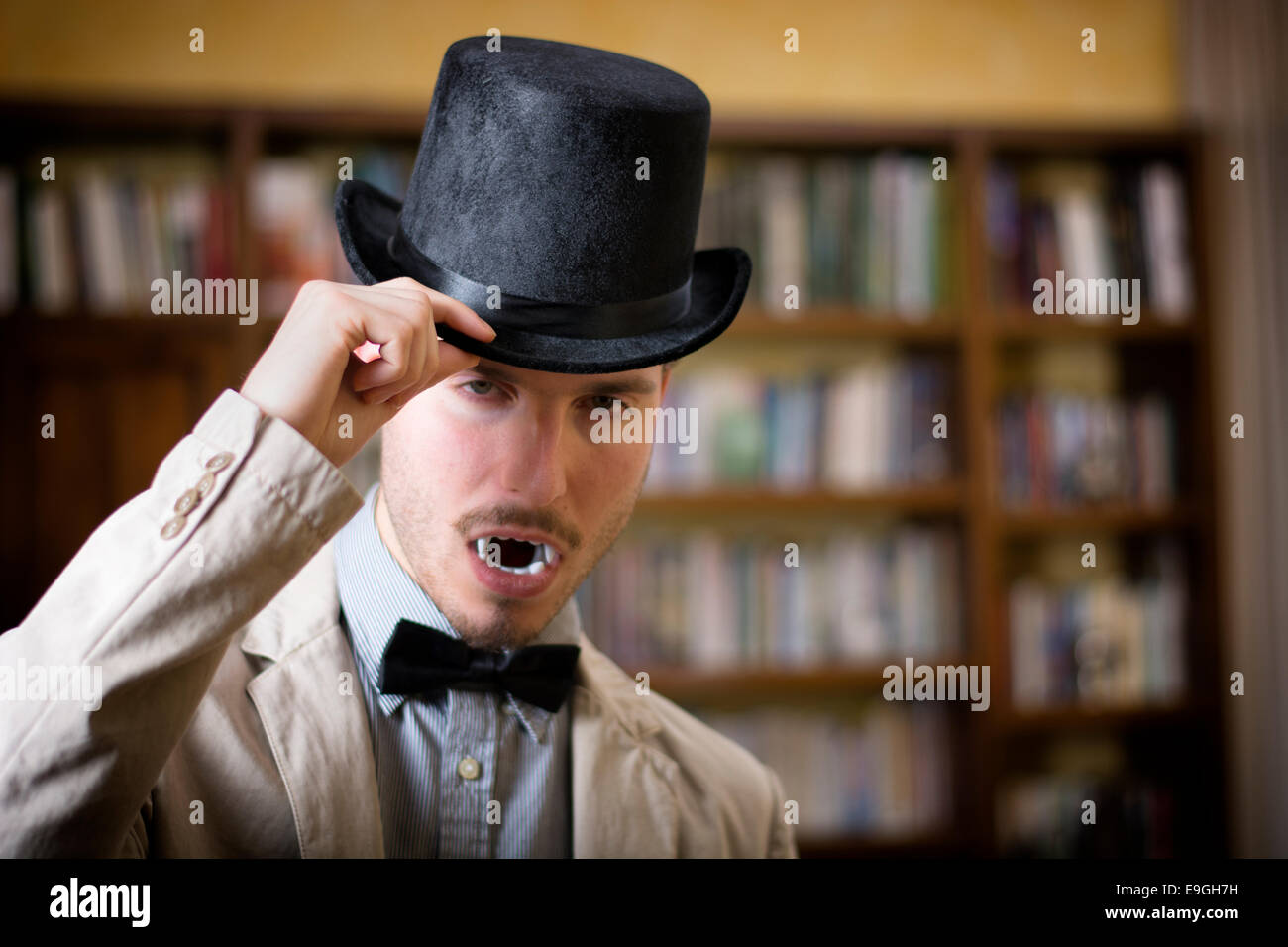Close up Young Handsome White Vampire with Black Top Hat Inside the ...