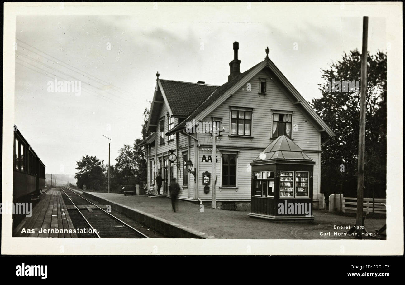This image shows Aas Railway Station in Akershus, Norway, in 1922. The ...