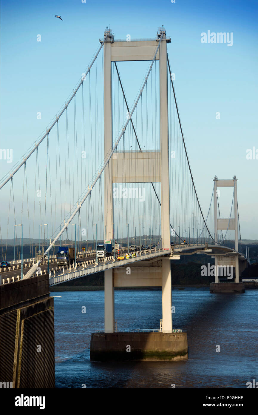The first Severn Bridge (opened in 1966) viewed from the northern side ...