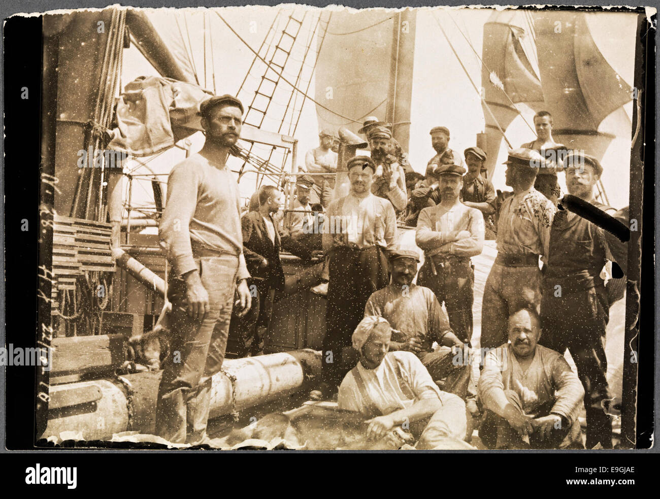 Crew members on the deck of the ship Fram during the 1910 expedition ...