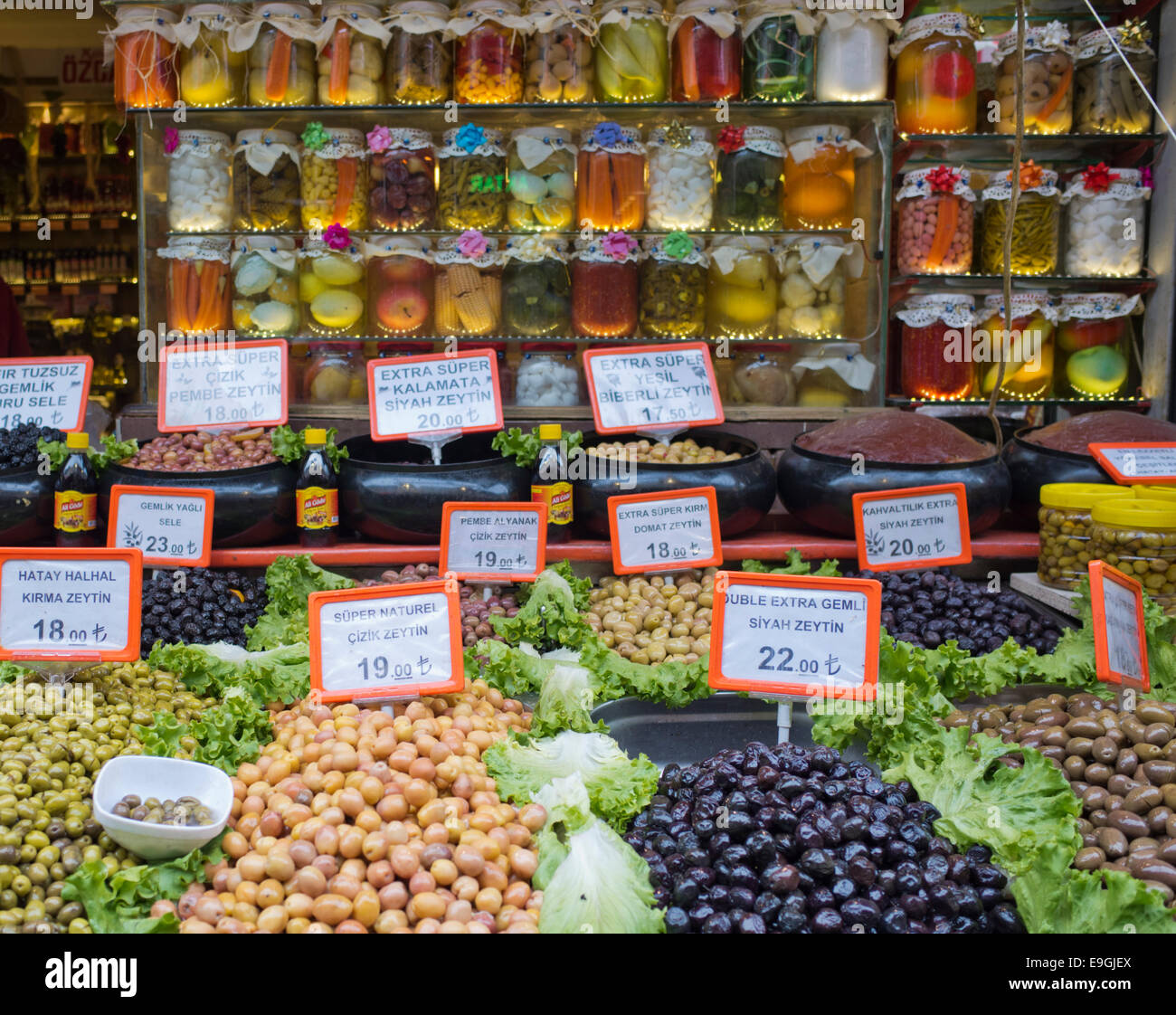 Olives and various pickles on a market stall in Istanbul Turkey Stock ...