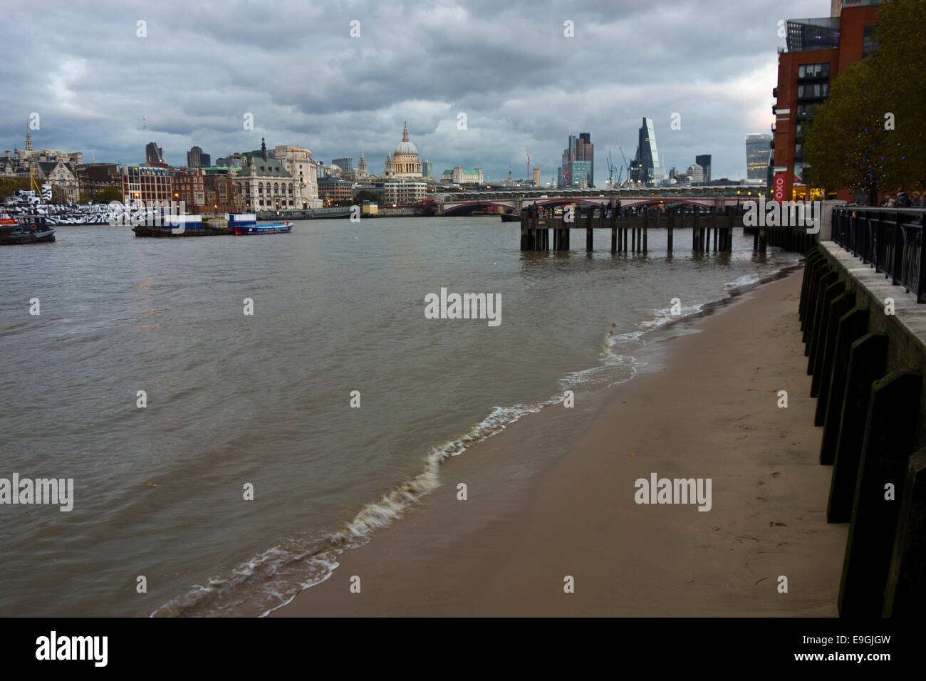 River Thames sand Beach Kings Reach Gabriels wharf London England UK ...
