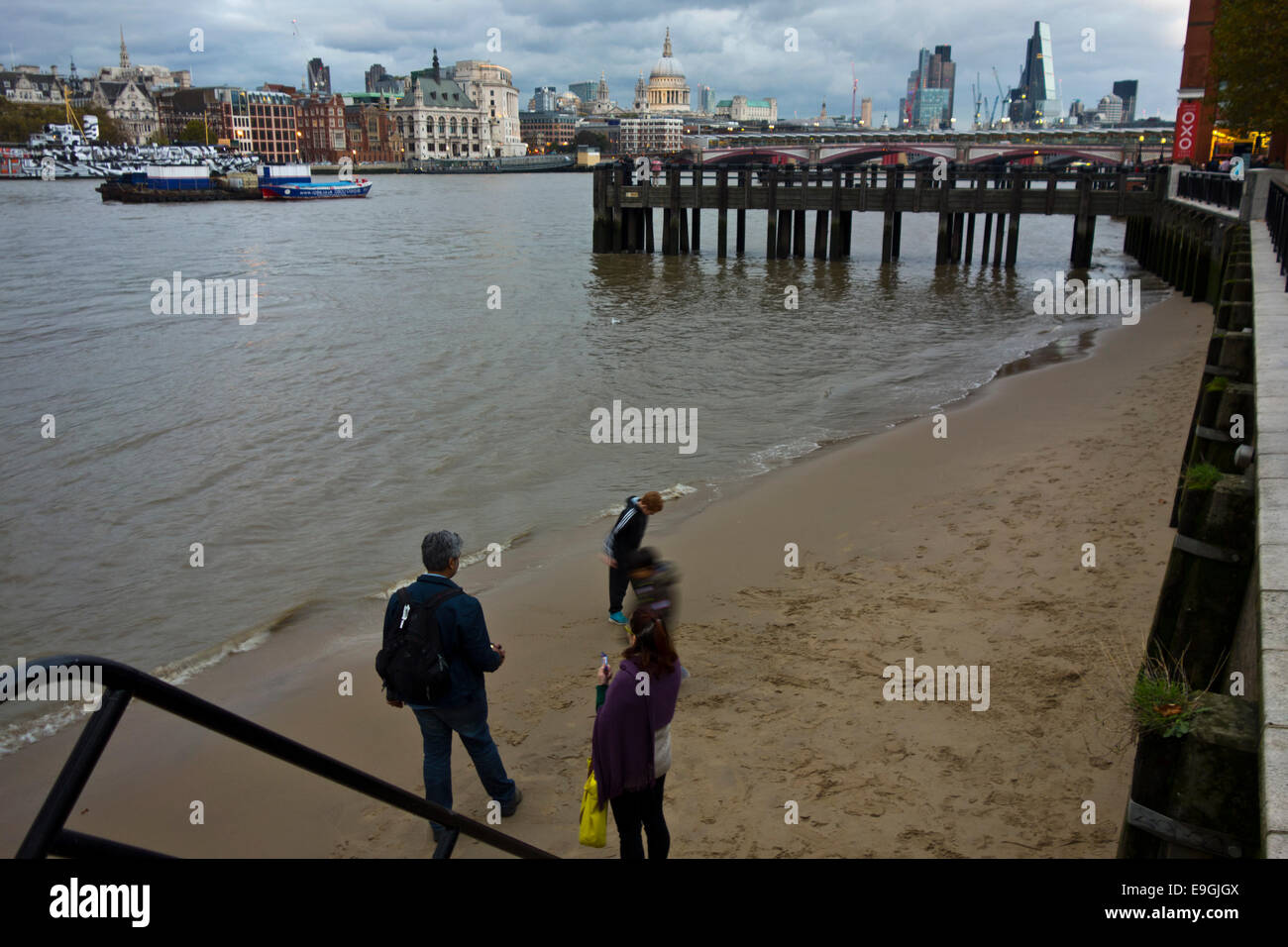 River Thames sand Beach Kings Reach Gabriels wharf London England UK ...