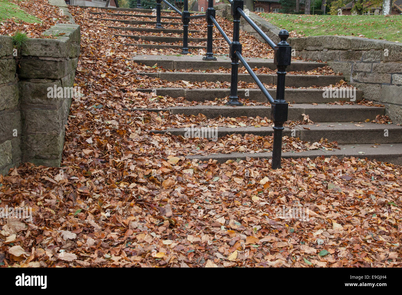 Autumn leaves on street steps, Bournville, Birmingham, England, UK ...