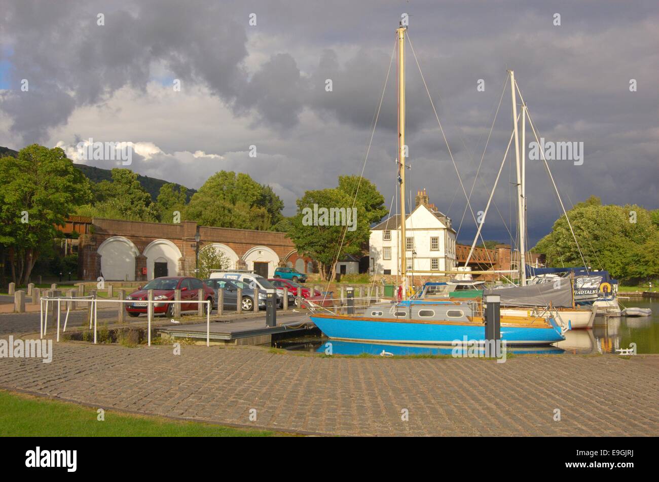Boats at Bowling Basin at the end of the Forth and Clyde Canal in West ...