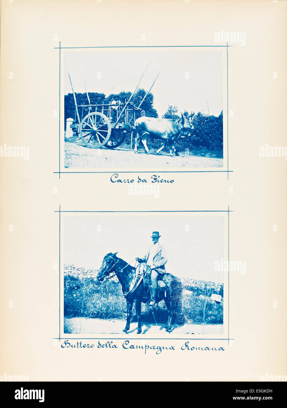 A cyanotype photograph from 1899 depicting a hay wagon and buttero ...