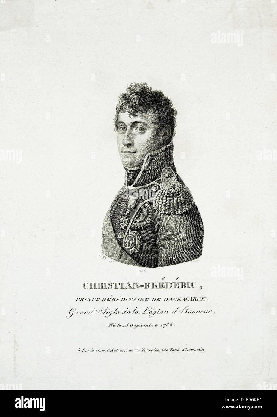 A lithograph portrait of Christian Frederik, Prince of Denmark, born 18 ...