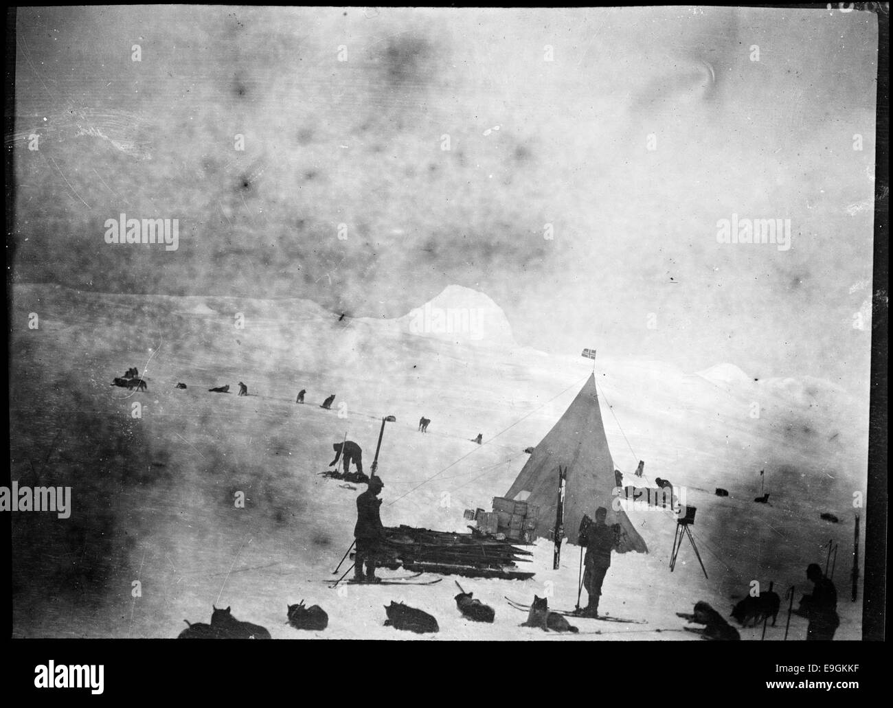 A historic photograph showing the first camp site on the ice at ...