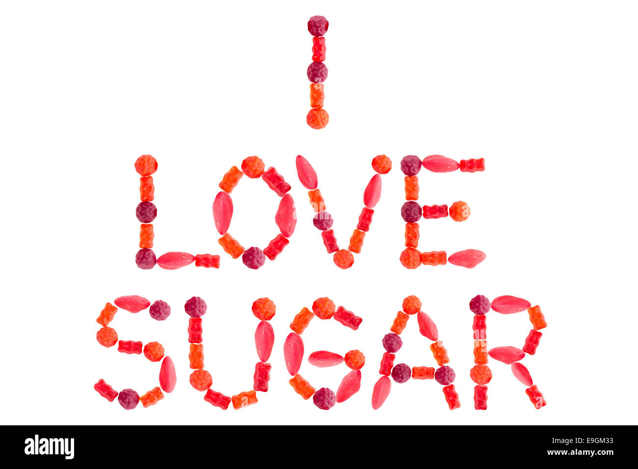 Phrase I LOVE SUGAR made of red sugary candies, isolated on white ...