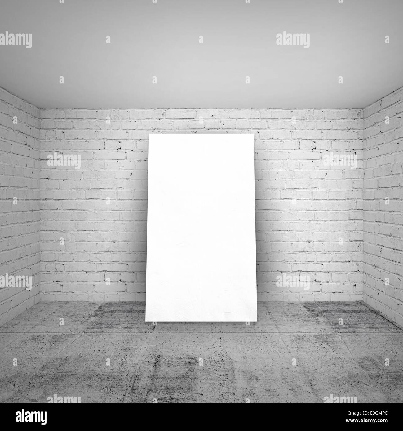 Empty white room interior with brick walls and concrete floor. Square ...