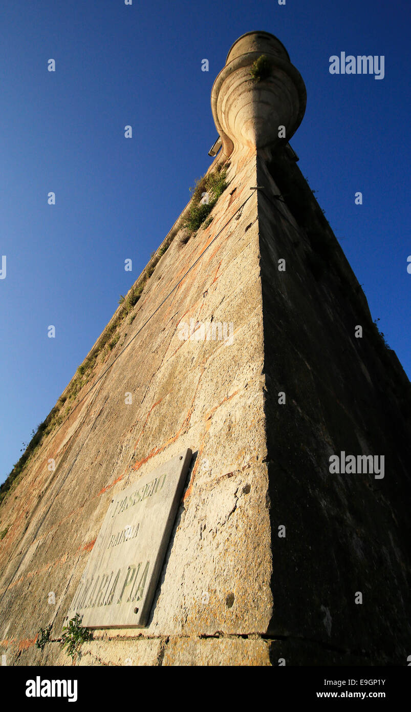 Wall of medieval Portuguese fort in Cascais, with characteristic turret ...