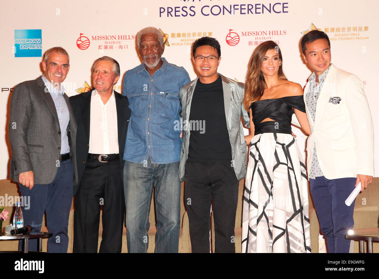 Morgan Freeman attends a press conference after watching a golf game in ...