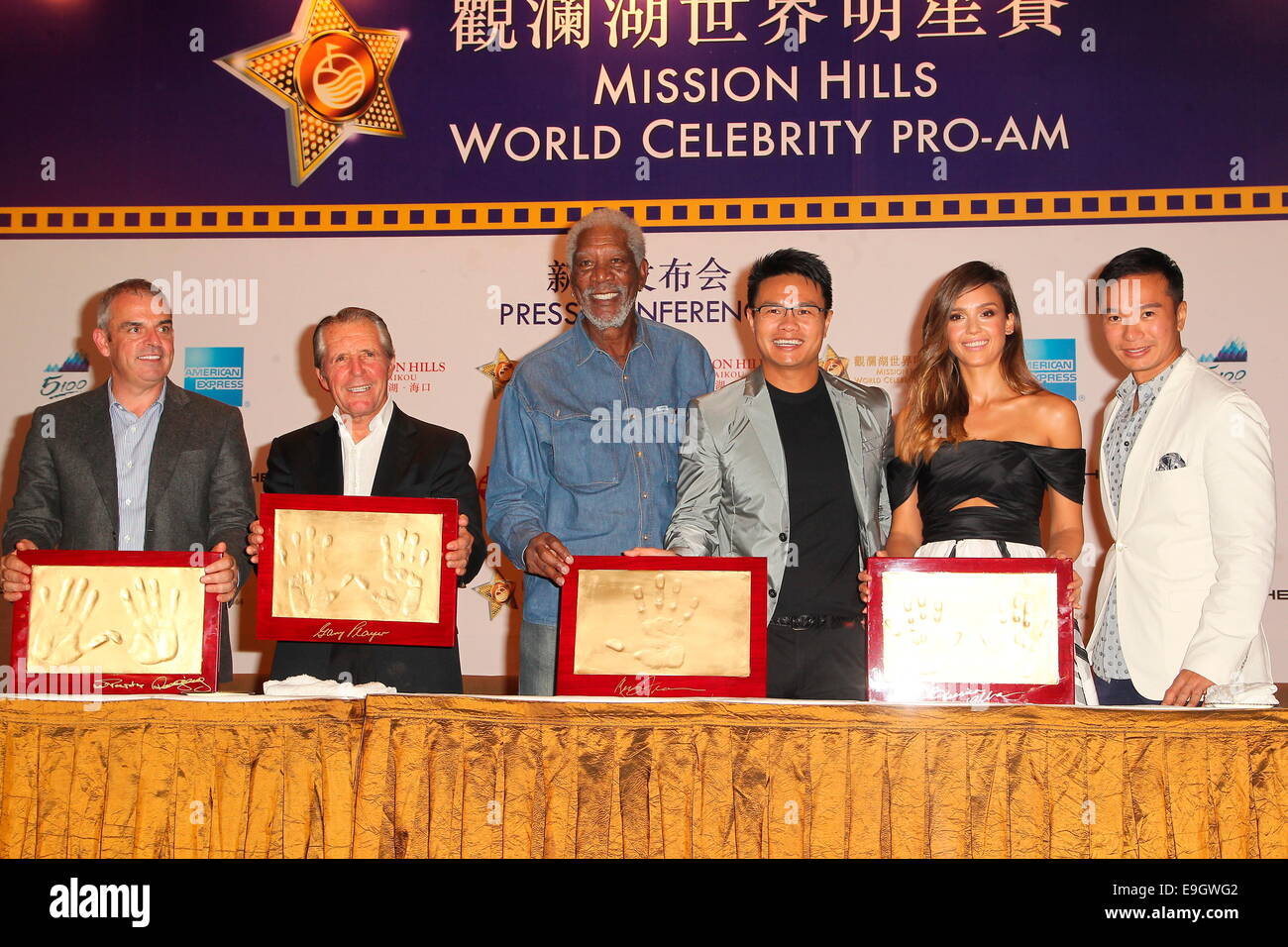 Morgan Freeman attends a press conference after watching a golf game in ...