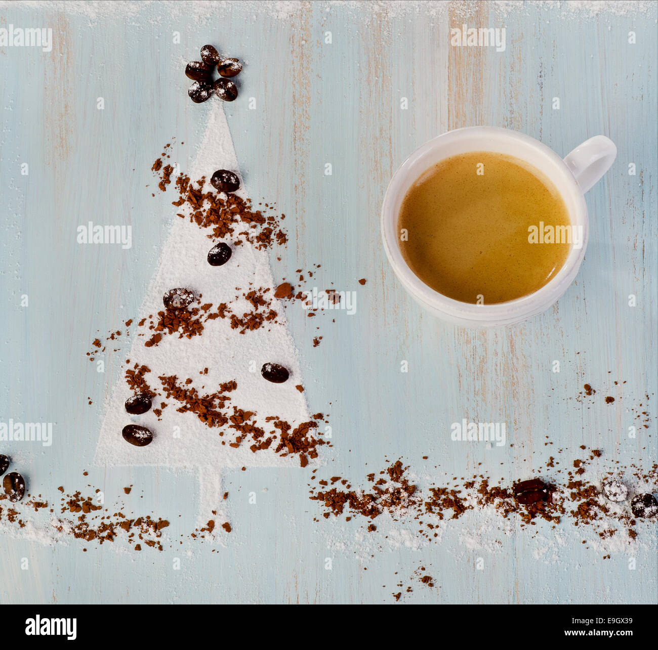 Coffee cup and sweet christmas tree on wooden background Stock Photo ...