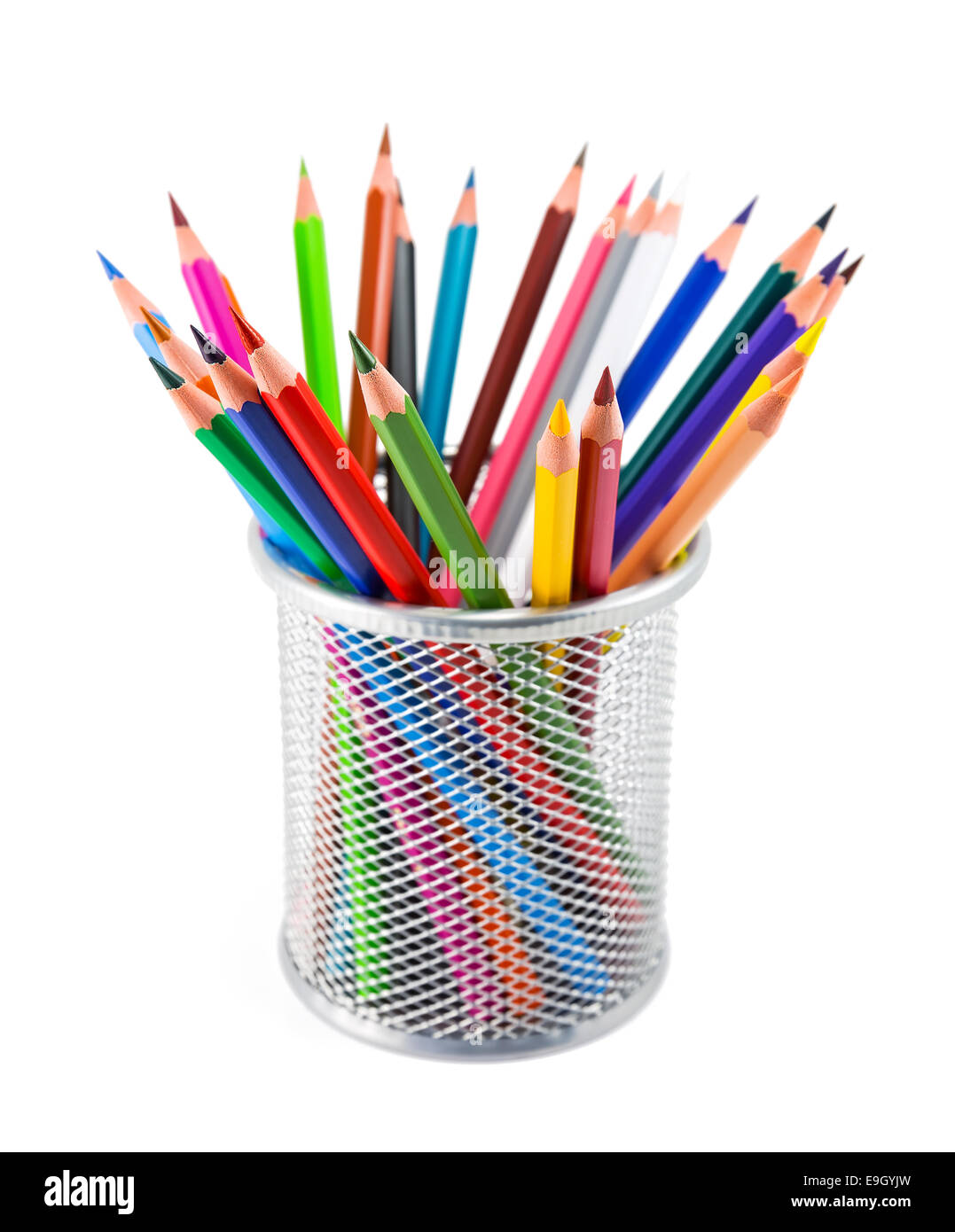 Colored pencils in pot isolated on white background Stock Photo - Alamy
