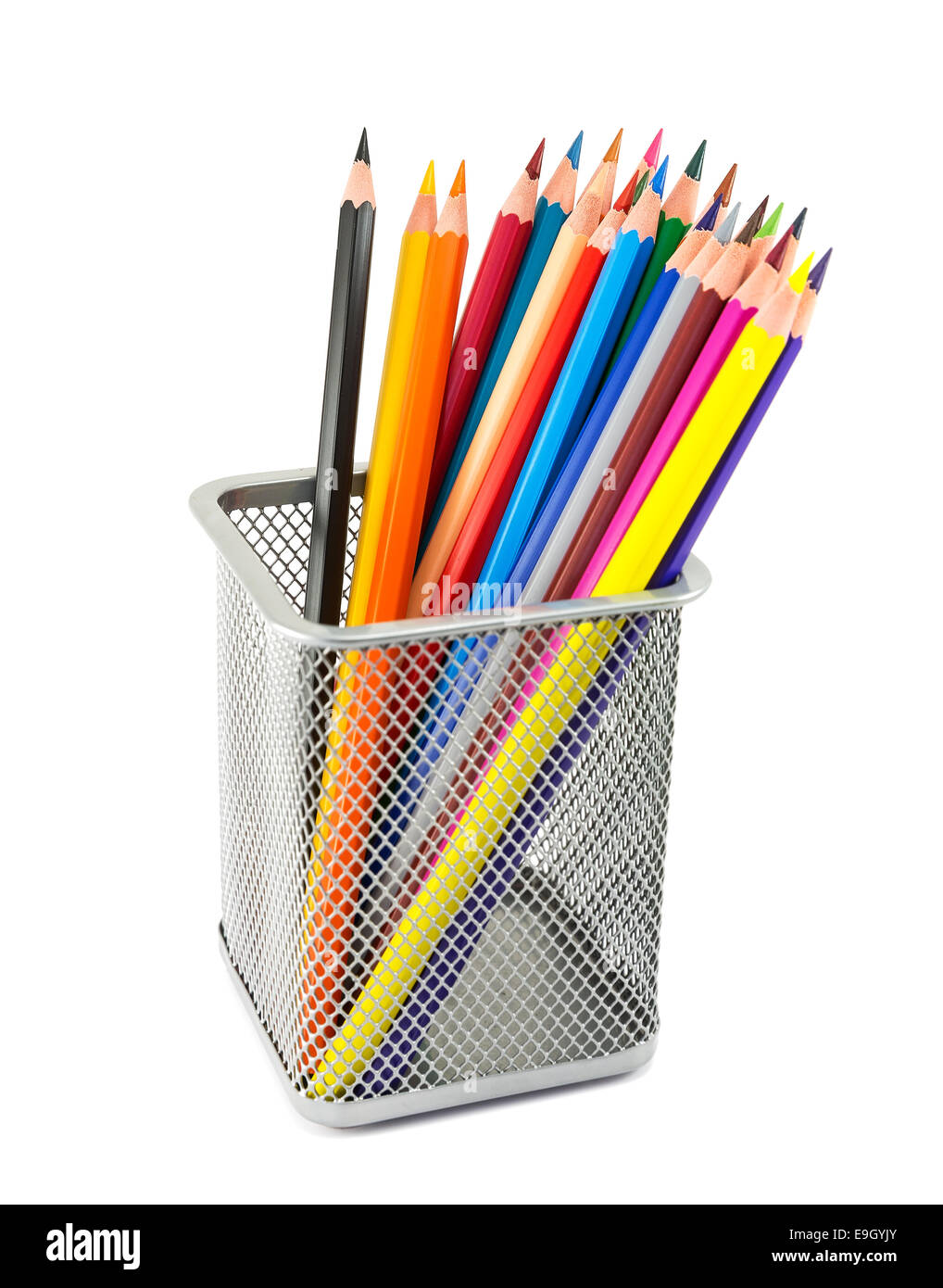 Colored pencils in pot isolated on white background Stock Photo - Alamy