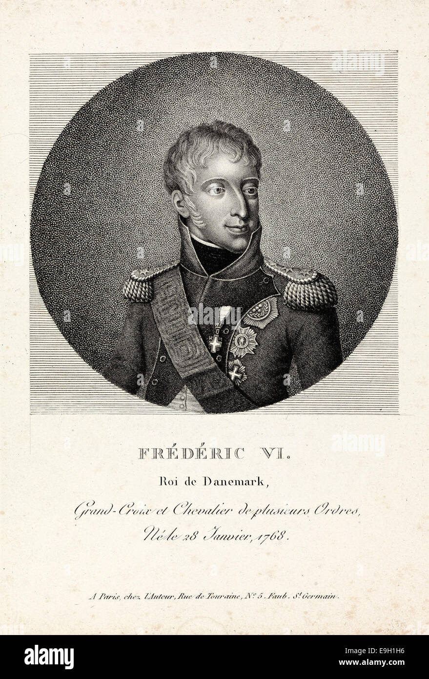 An engraving of Frederic VI, King of Denmark, portrayed as Grand Cross ...