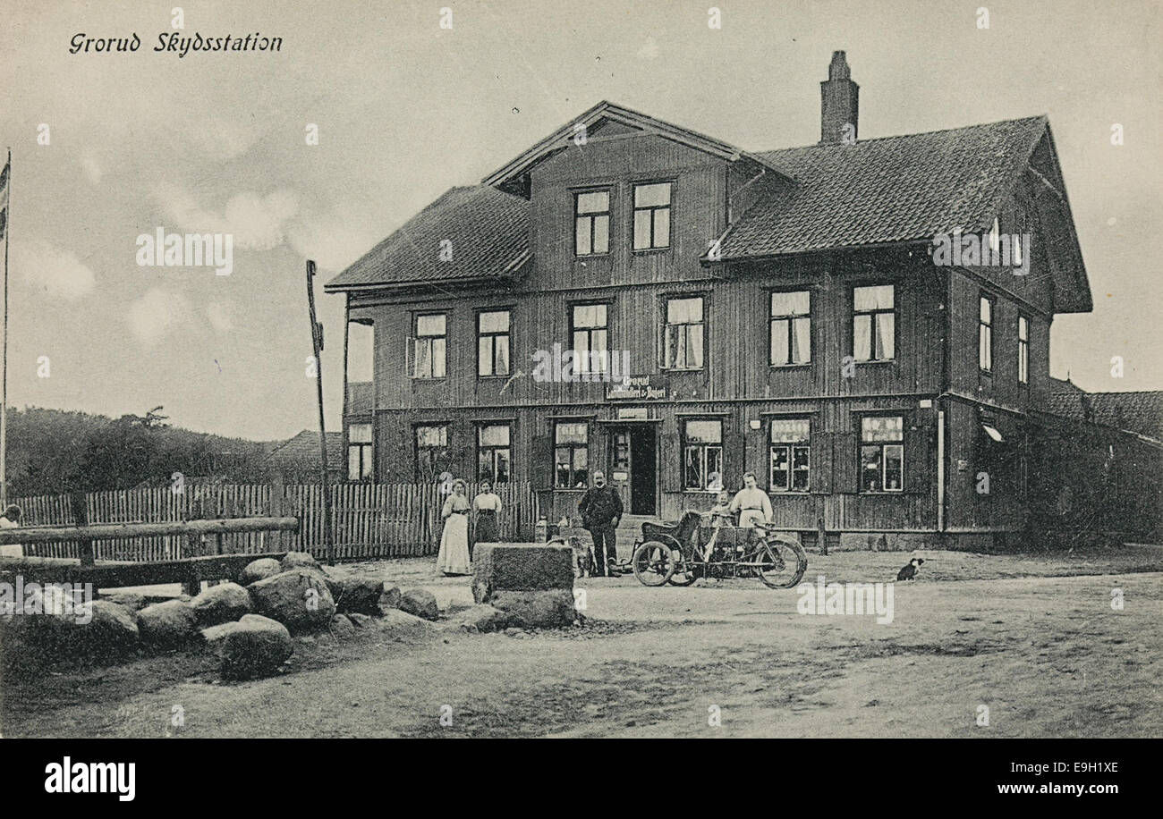 A historical postcard featuring Grorud Skydsstation, a transport ...