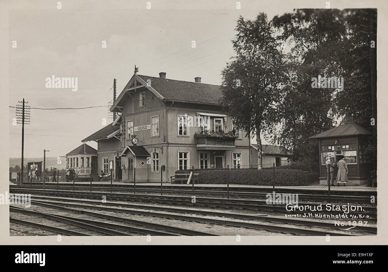 A historical photograph of Grorud Station, located in Oslo, Norway. The ...