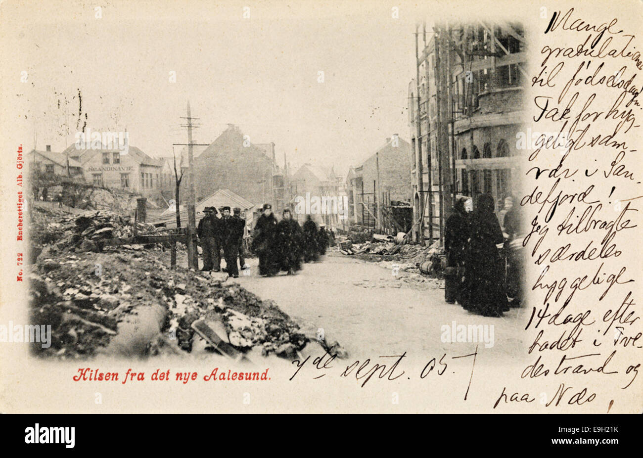 A postcard from Aalesund, Norway, showing the aftermath of a city fire ...