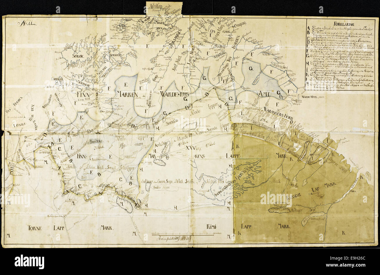 Hand-drawn map of Finnmark, Norway, created by Knoff in 1749. The map ...