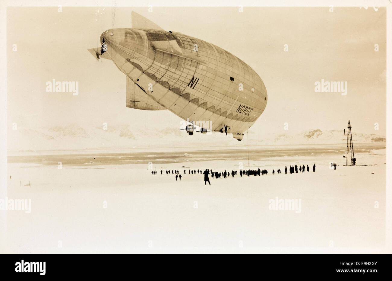 The airship Norge tethered to the mooring mast in Ny-Ålesund, Svalbard ...