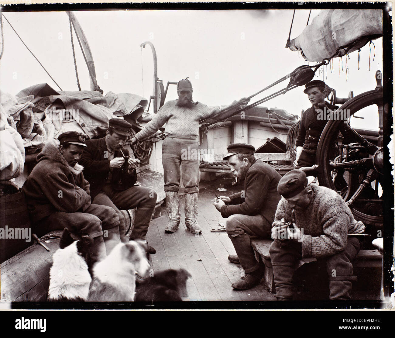 This photo shows the crew of the Fram resting on the stern deck during ...