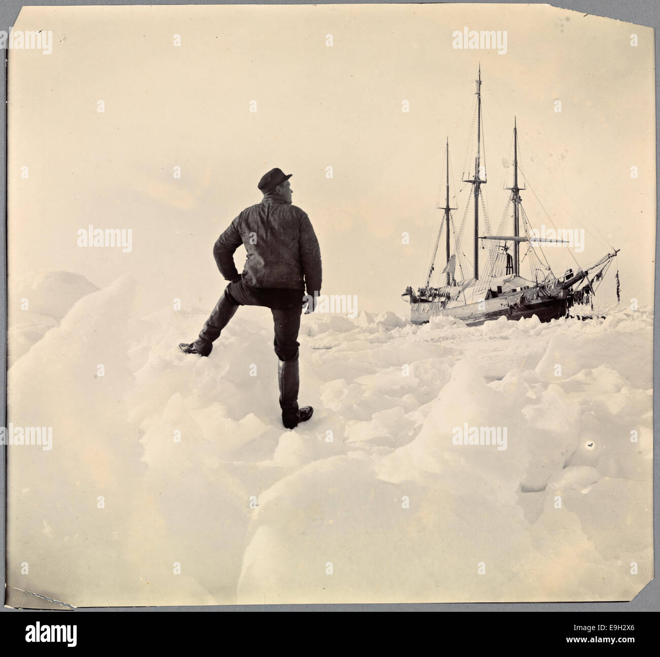 This 1894 image features the polar landscape with the Fram ship, used ...