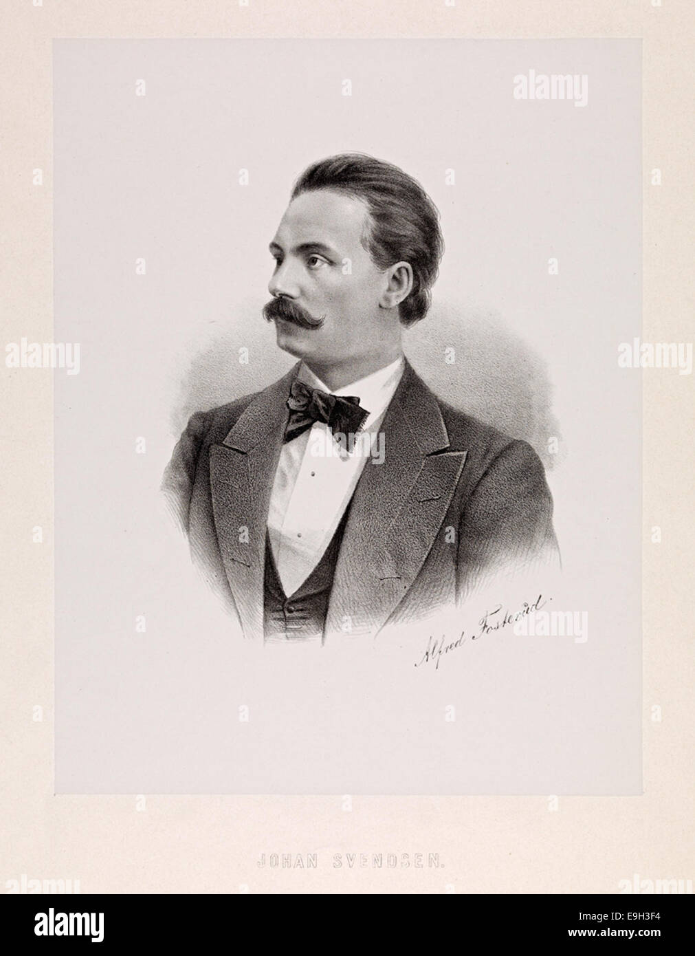 This lithograph portrait depicts Johan Svendsen, a Norwegian composer ...