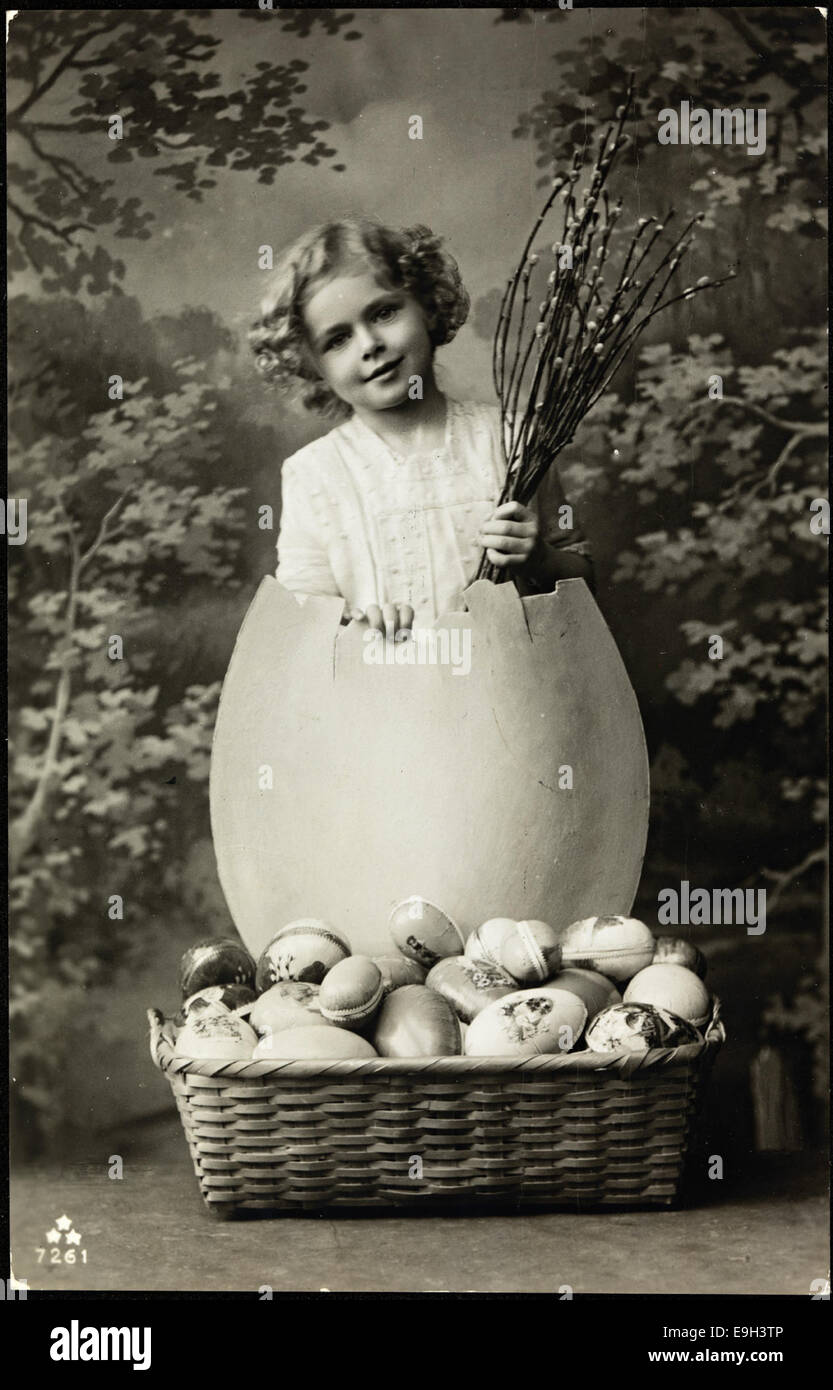 A vintage Easter postcard from around 1916, showing children and Easter ...
