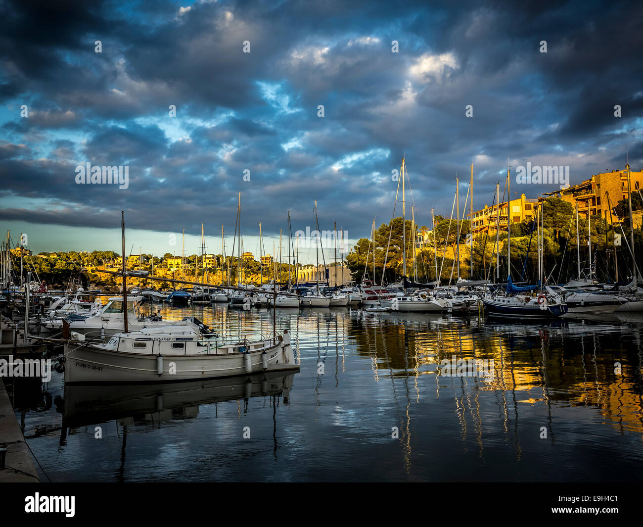 Harbour at sunset, Porto Cristo, Majorca, Balearic Islands, Spain Stock ...