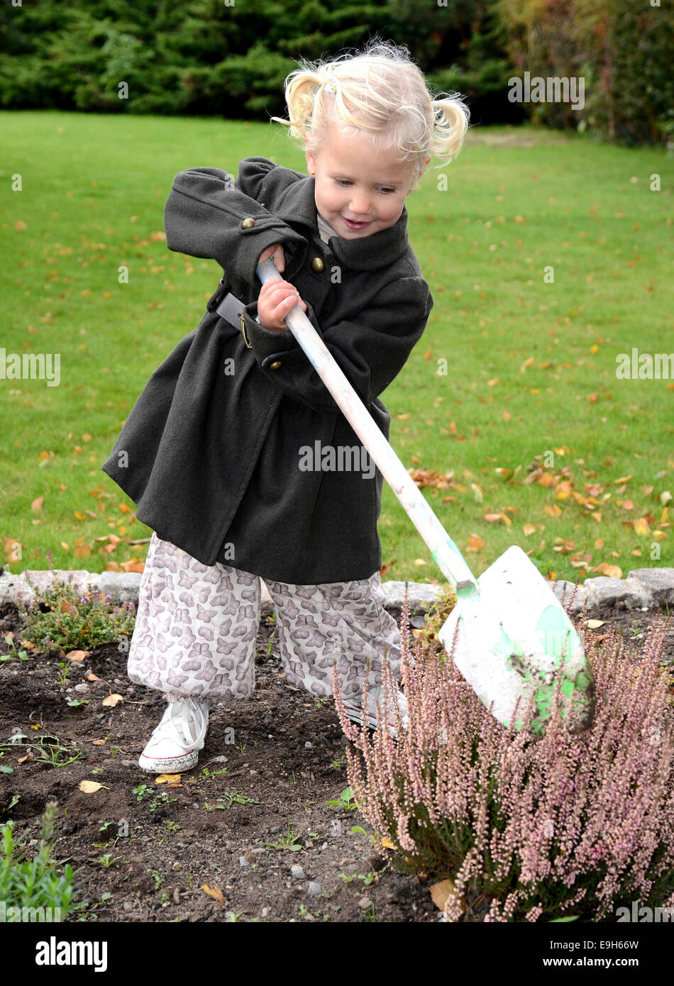 Girl, 2 years, holding a spade in the garden, Ystad, Scania, Sweden ...